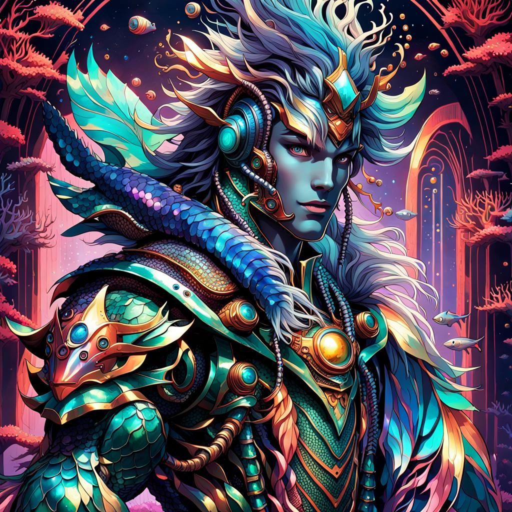 (beautiful anime portrait of a robot handsome masculine merman with ...