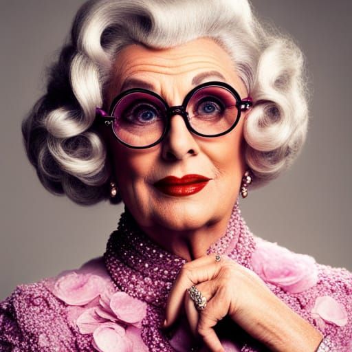 Dame Edna Everage wearing Dame Edna diamanté 50’s cats eye Glasses - AI ...