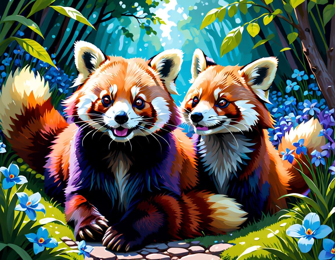 Friendly Red Panda and Fox in Whimsical Summer Gar... - AI Art