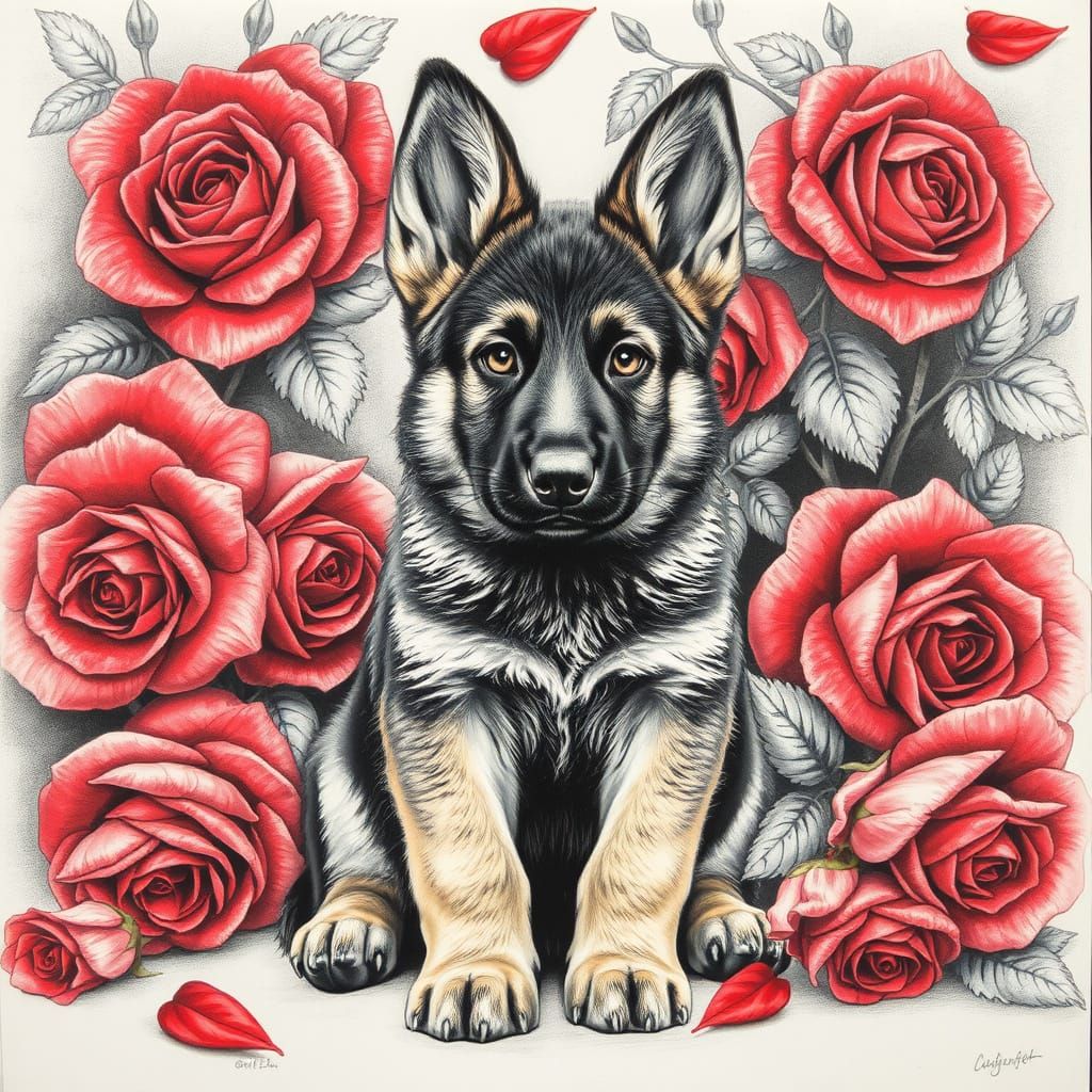 Regal German Shepherd Puppy with Red Roses in Char... - AI Art