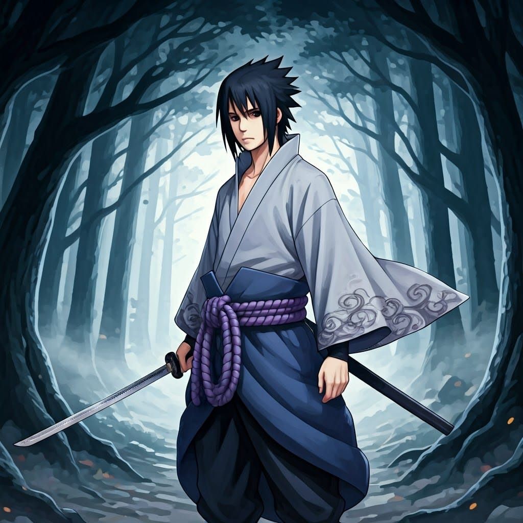 Sasuke Uchiha in Dynamic Moonlit Forest, Tradition... - AI Art
