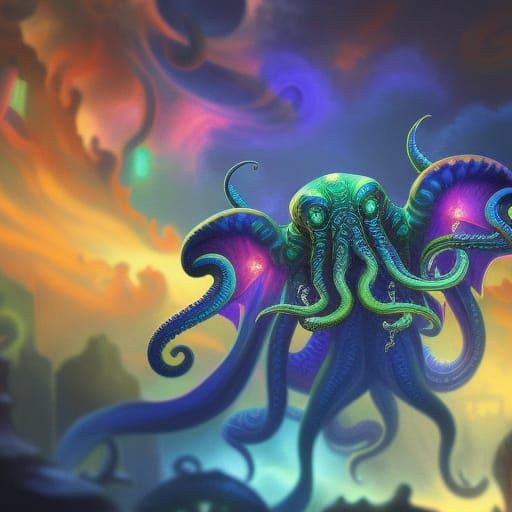 detailed cthulhu colorful deep color (dark blue background) ink drawing ...