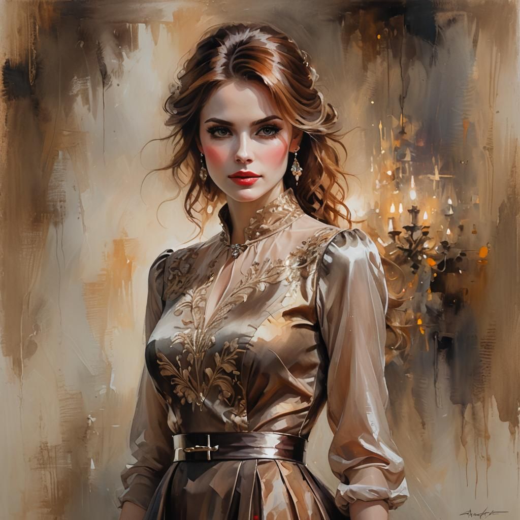 charming demure lady with chestnut-colored hair, beautiful symmetrical ...