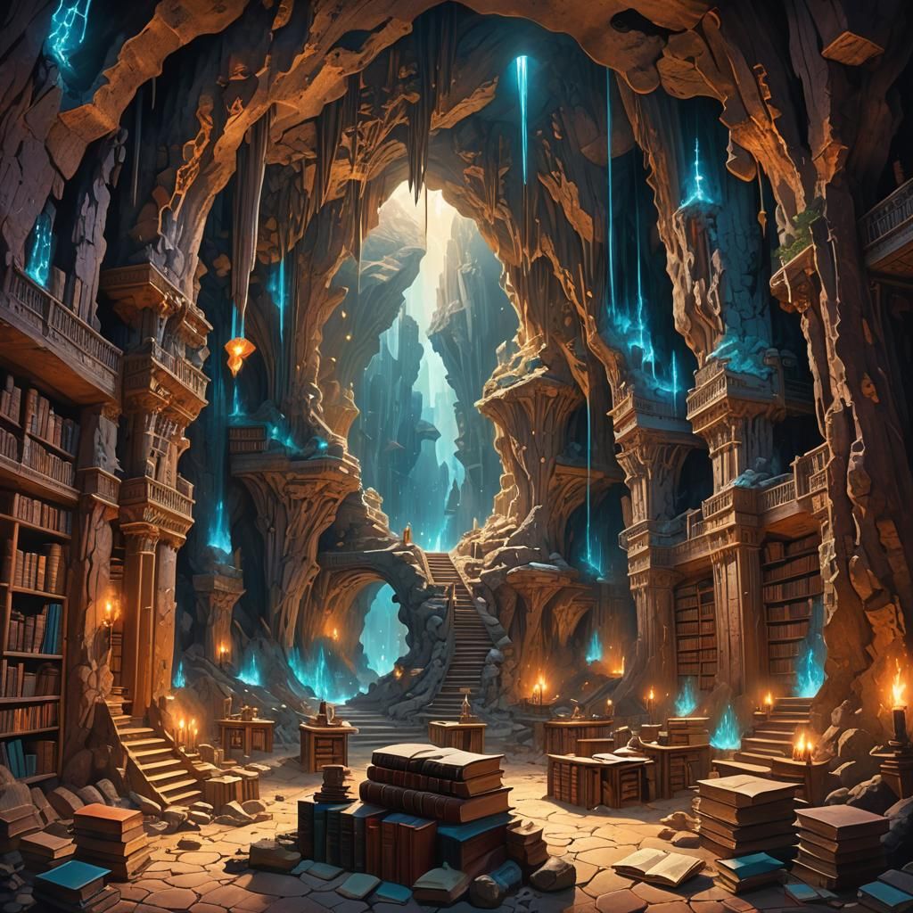 ancient library full of books and scrolls inside a cave with ...