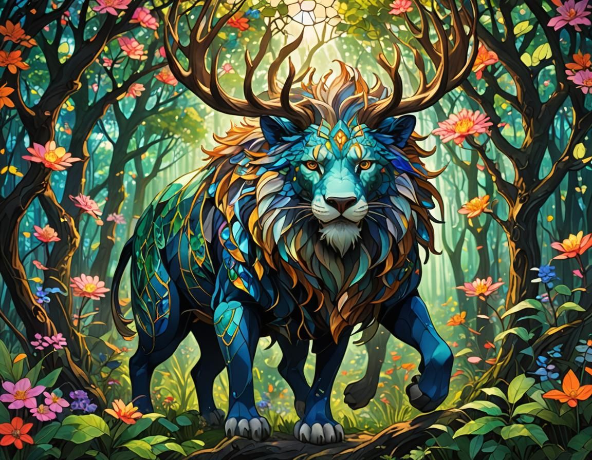 (Insanely detailed neon colored stained glass artwork of a magical ...