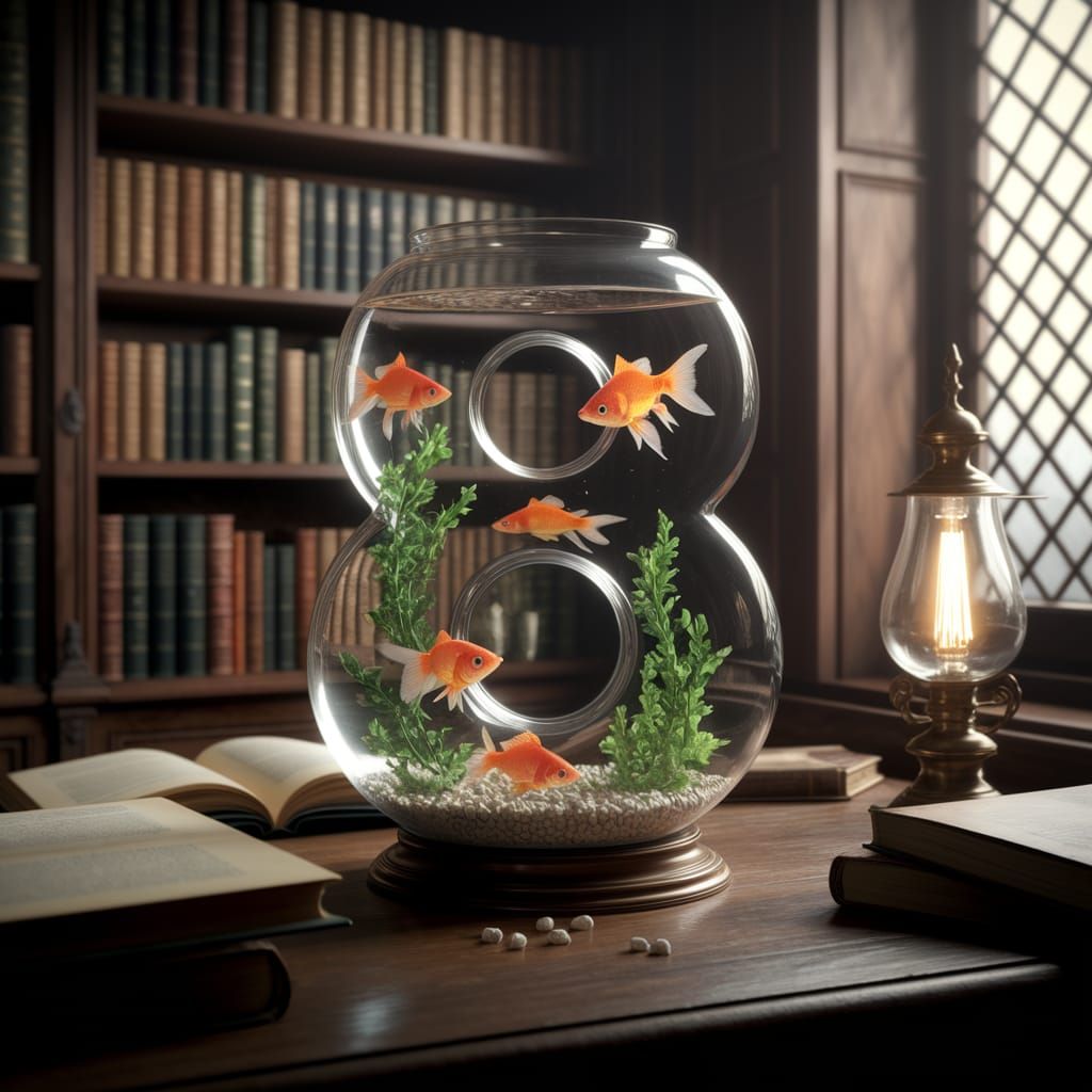 A beautifully designed fishbowl in the shape of the number 8, filled ...