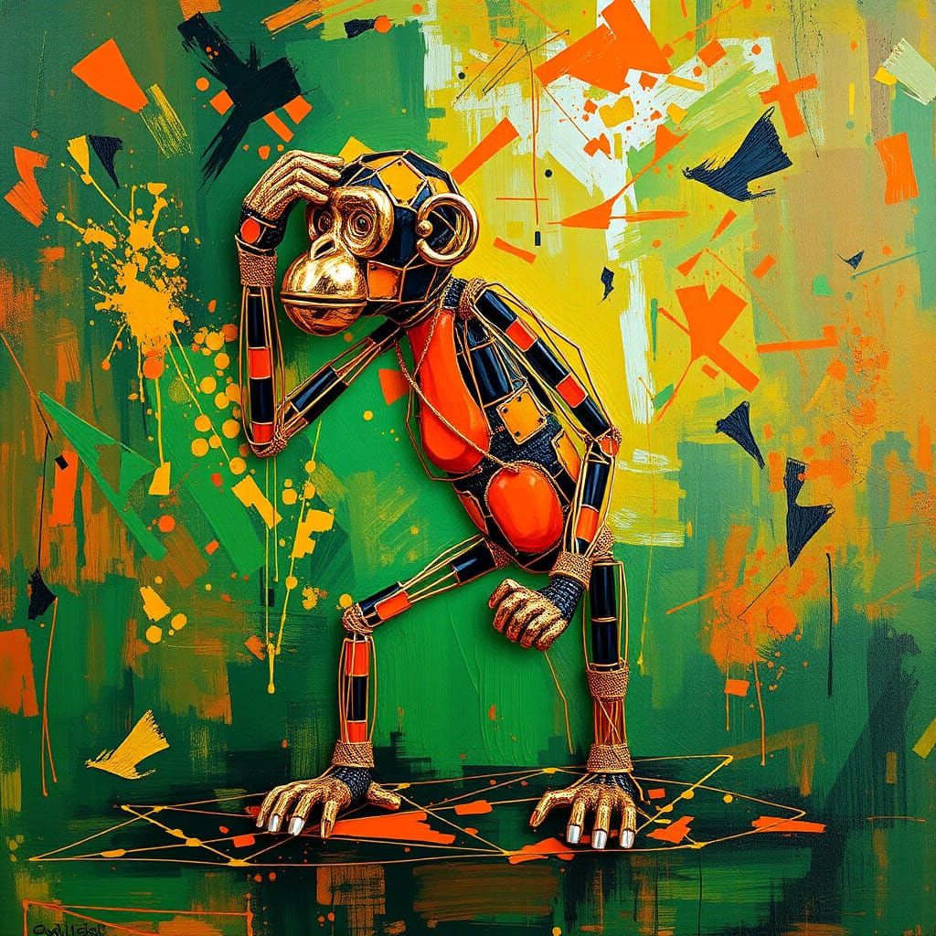 Surreal Cubist Monkey Sculpture in Vibrant Oil Pai... - AI Art