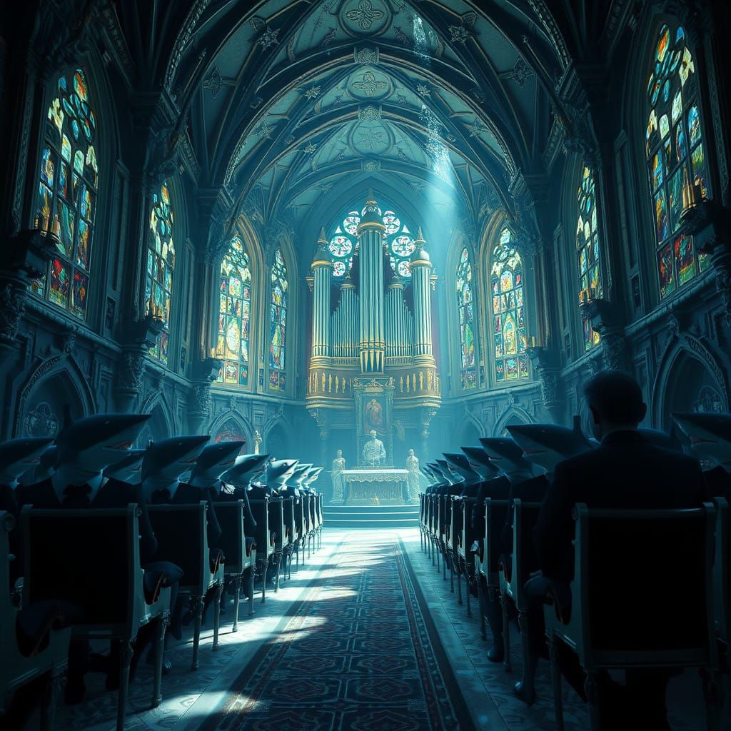 Underwater Church with Majestic Humanoid Sharks in... - AI Art