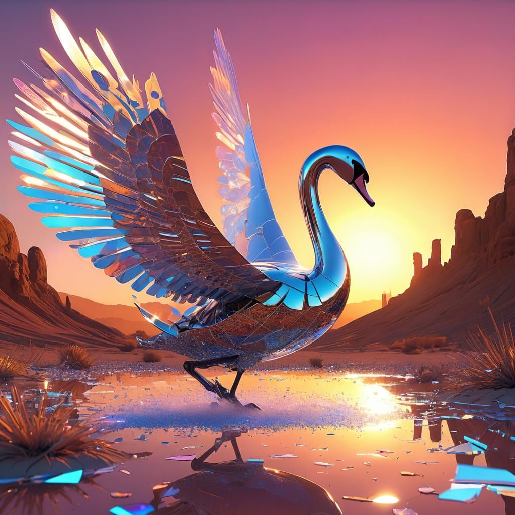 Ethereal Clockwork Swan Soars Over Shattered Glass... - AI Art