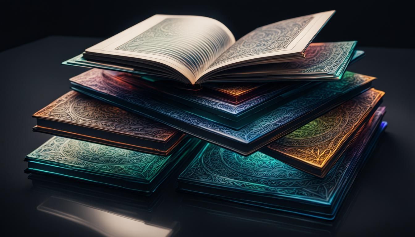 Professor going through a pack of intricate glass books contrasting ...
