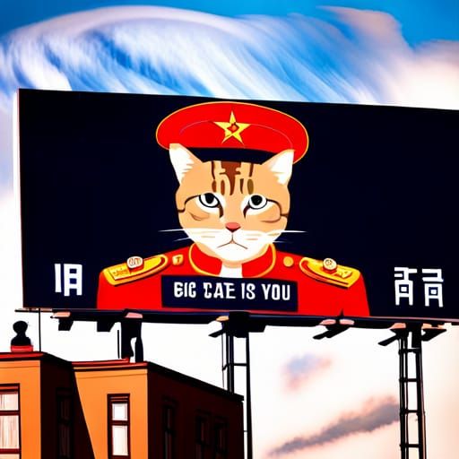 billboard showing cat in Soviet military officer's cap and words "Big ...