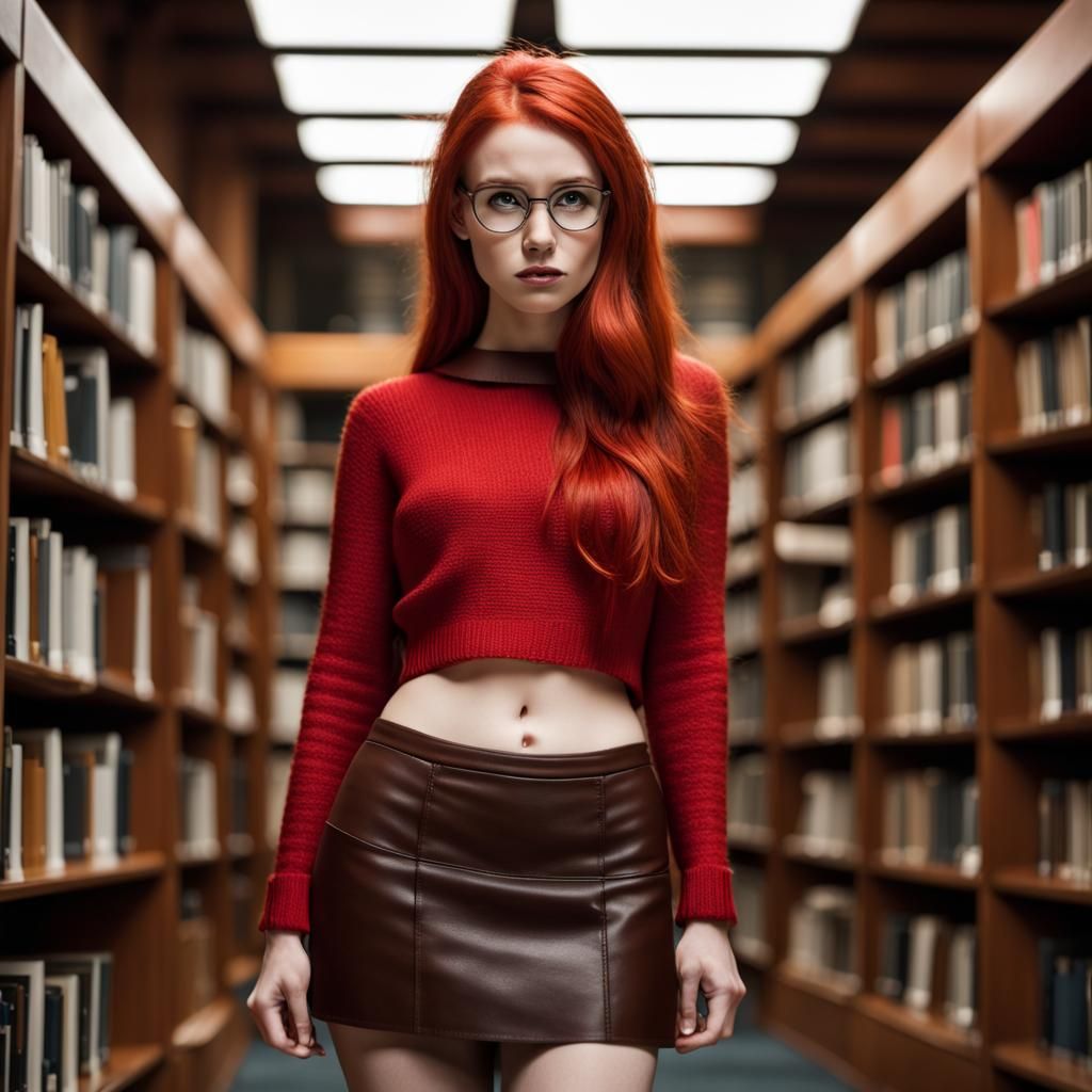 beautiful red hair Girl with glasses in red sweater and brown skirt ...