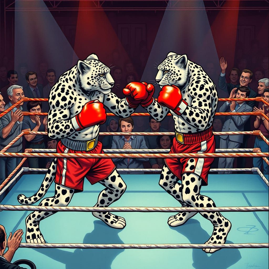 Imagine a hyper-realistic boxing ring with two muscular but lean snow ...