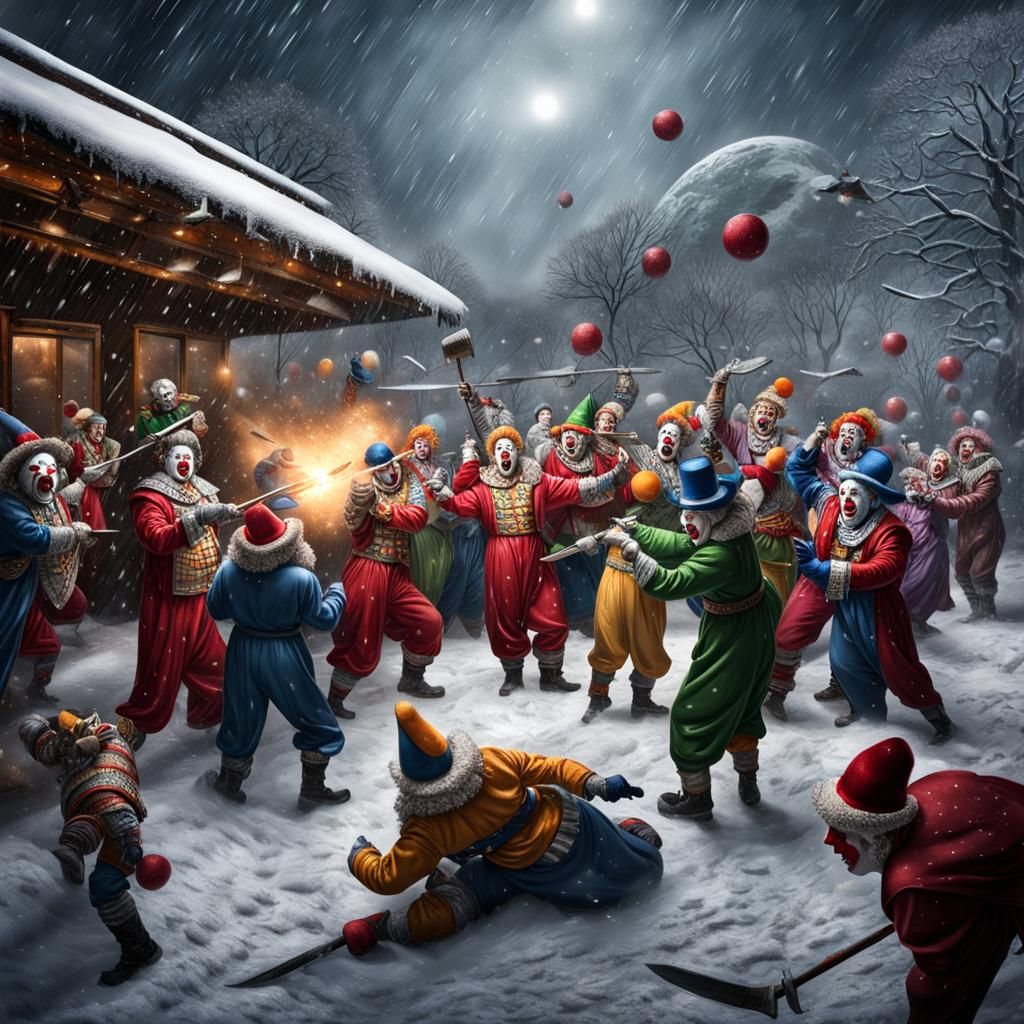 dozens of clowns fighting with knives in the middle of the zoo during a ...