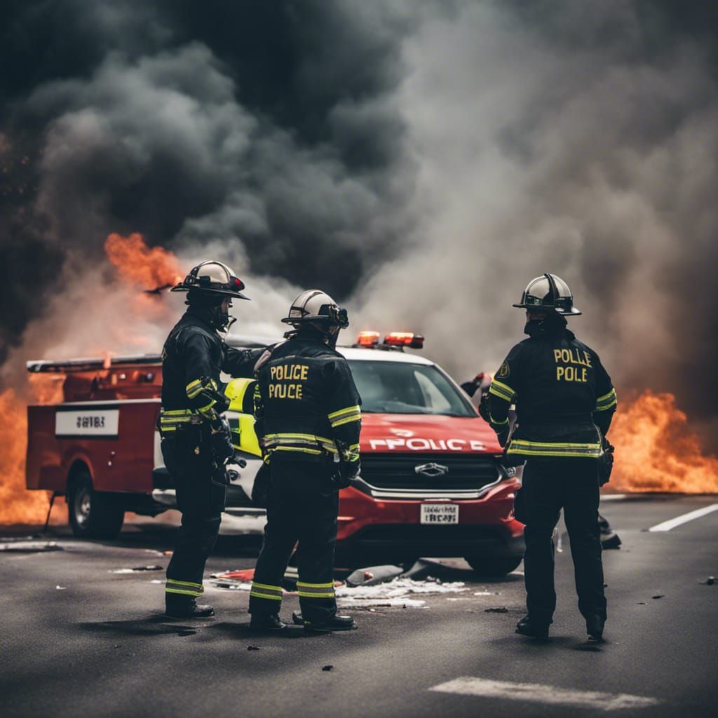 1 Police officer and 2 Firefighters working together at an accident ...