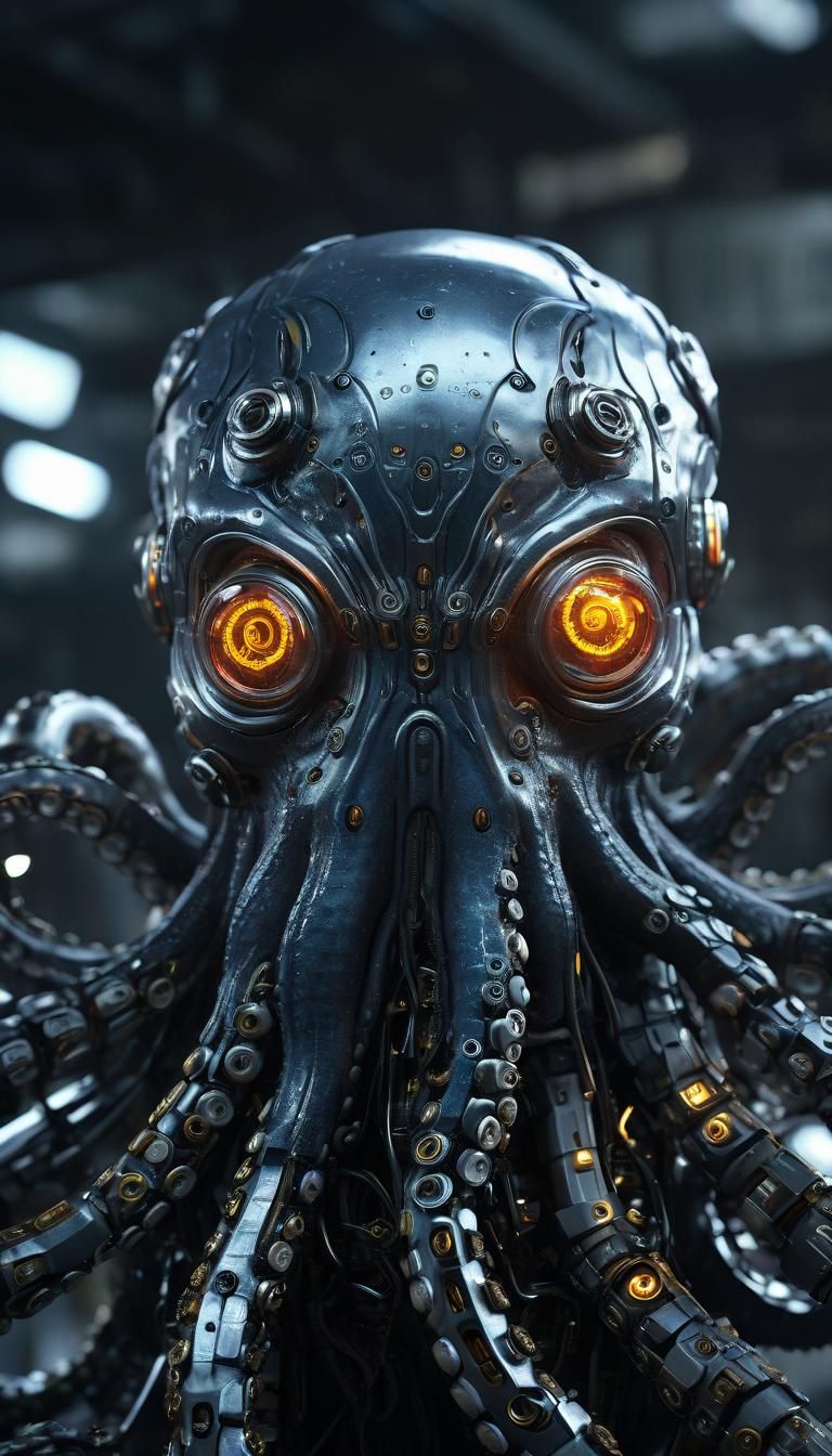 view of a cyborg octopus, cyborg face with high-tech metal parts ...