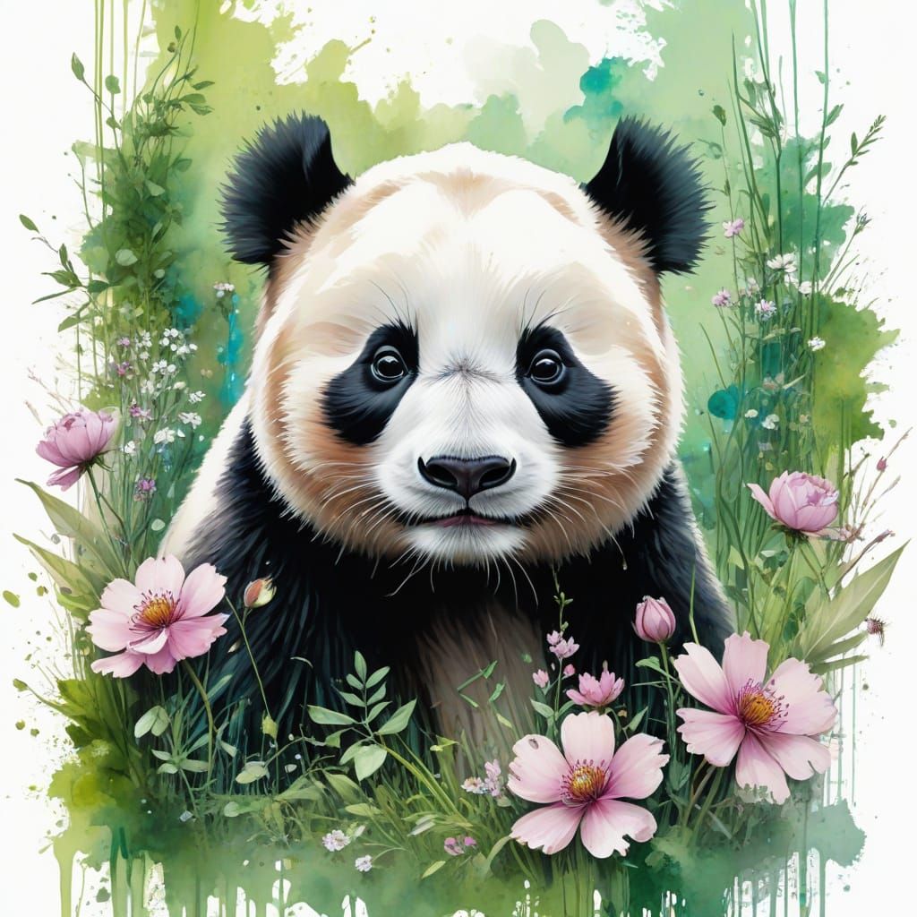 Panda in Enchanted Forest Glade, Watercolor Art - AI Art