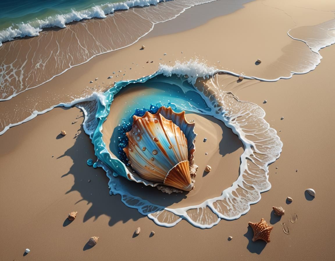 a seashell on a beach with a blue ocean and a sandy shore with waves ...
