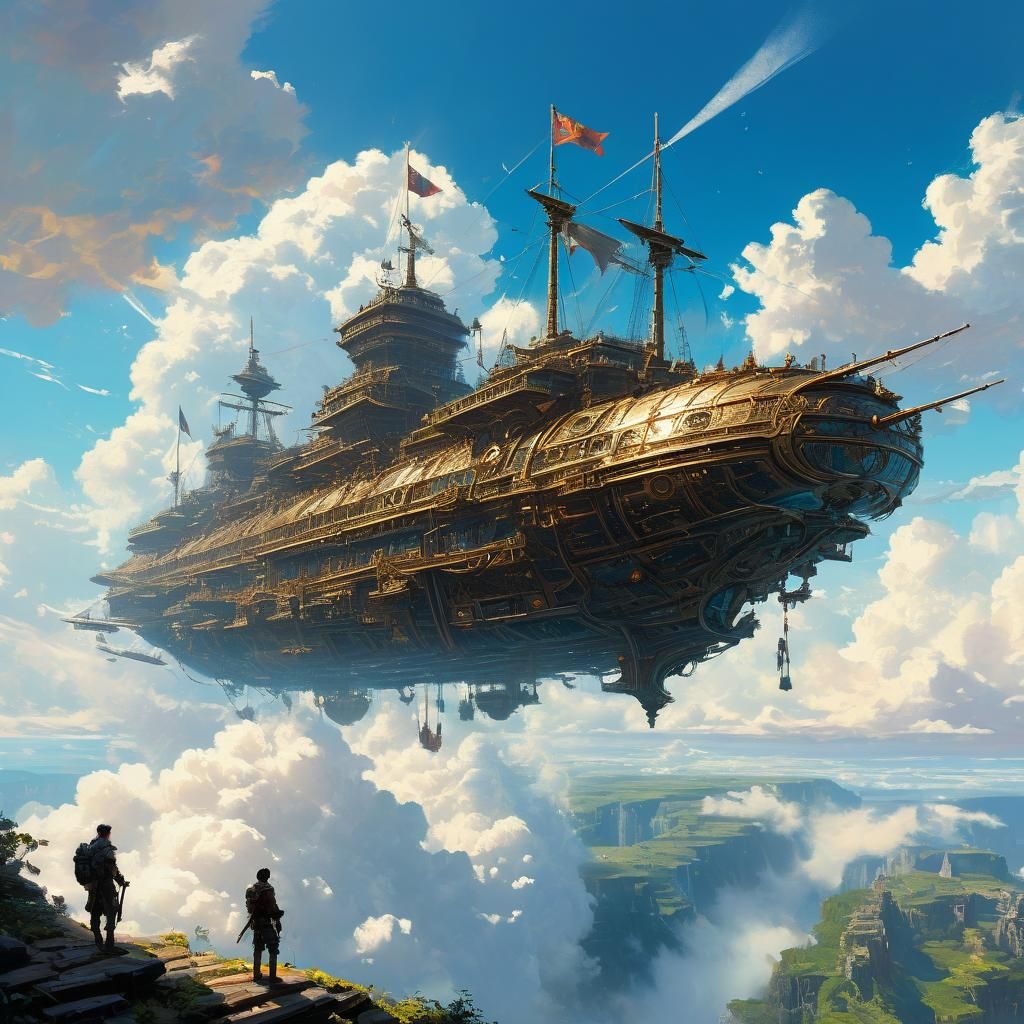 Distant shot, a magic flying ship, above the clouds, in the far ...