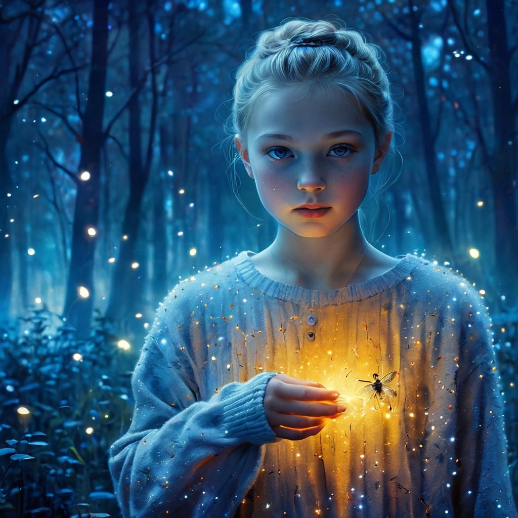 millions of bright fireflies in a warm enchanted forest at dusk in the ...