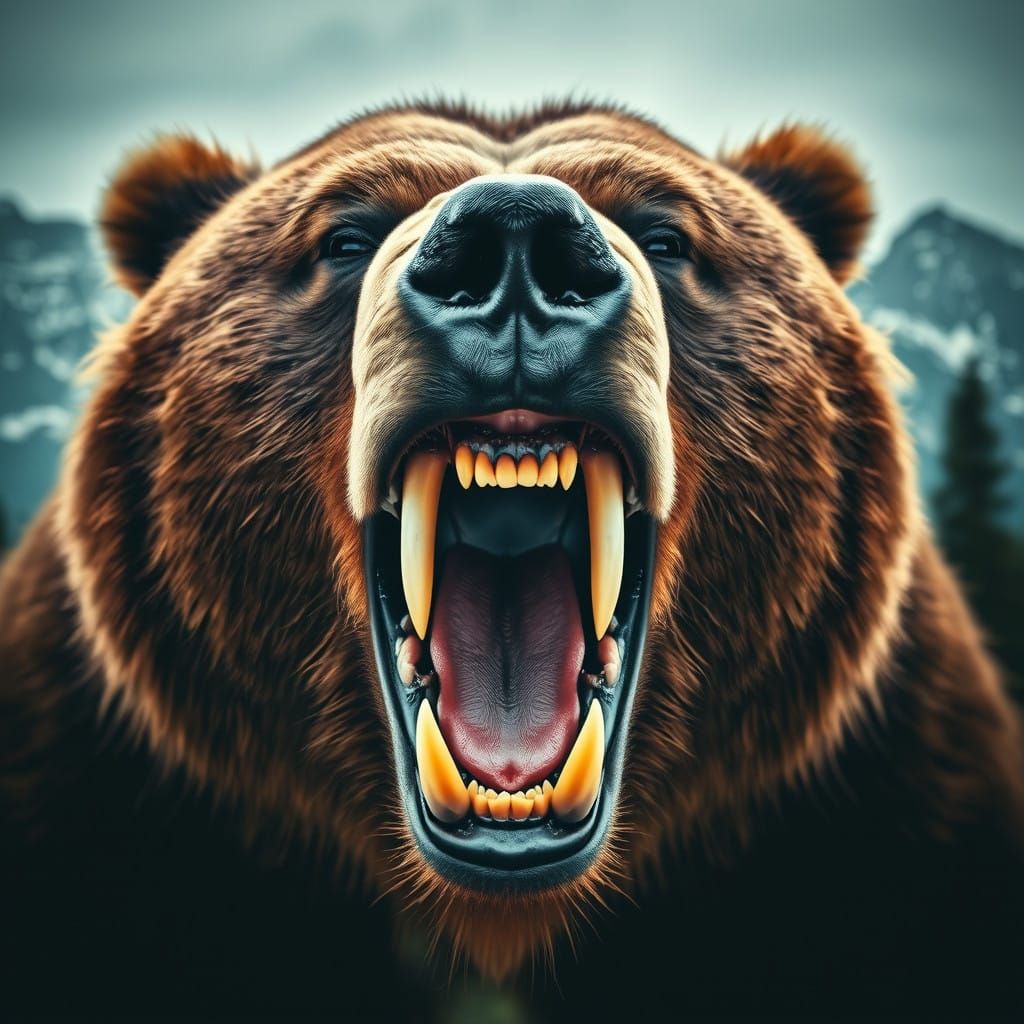 Scary bear with open mouth and grin.