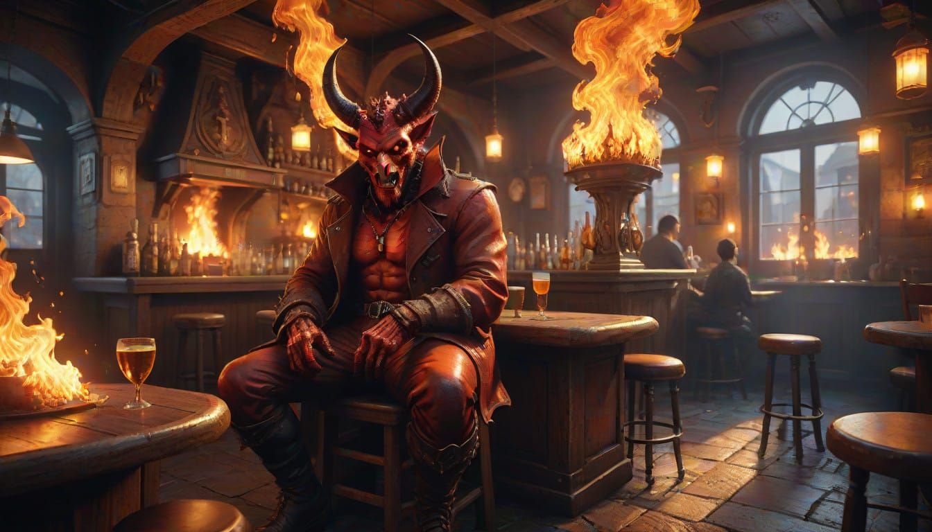 Surreal Devil Ignites Infernal Tavern in Vivid Fan... - AI Art