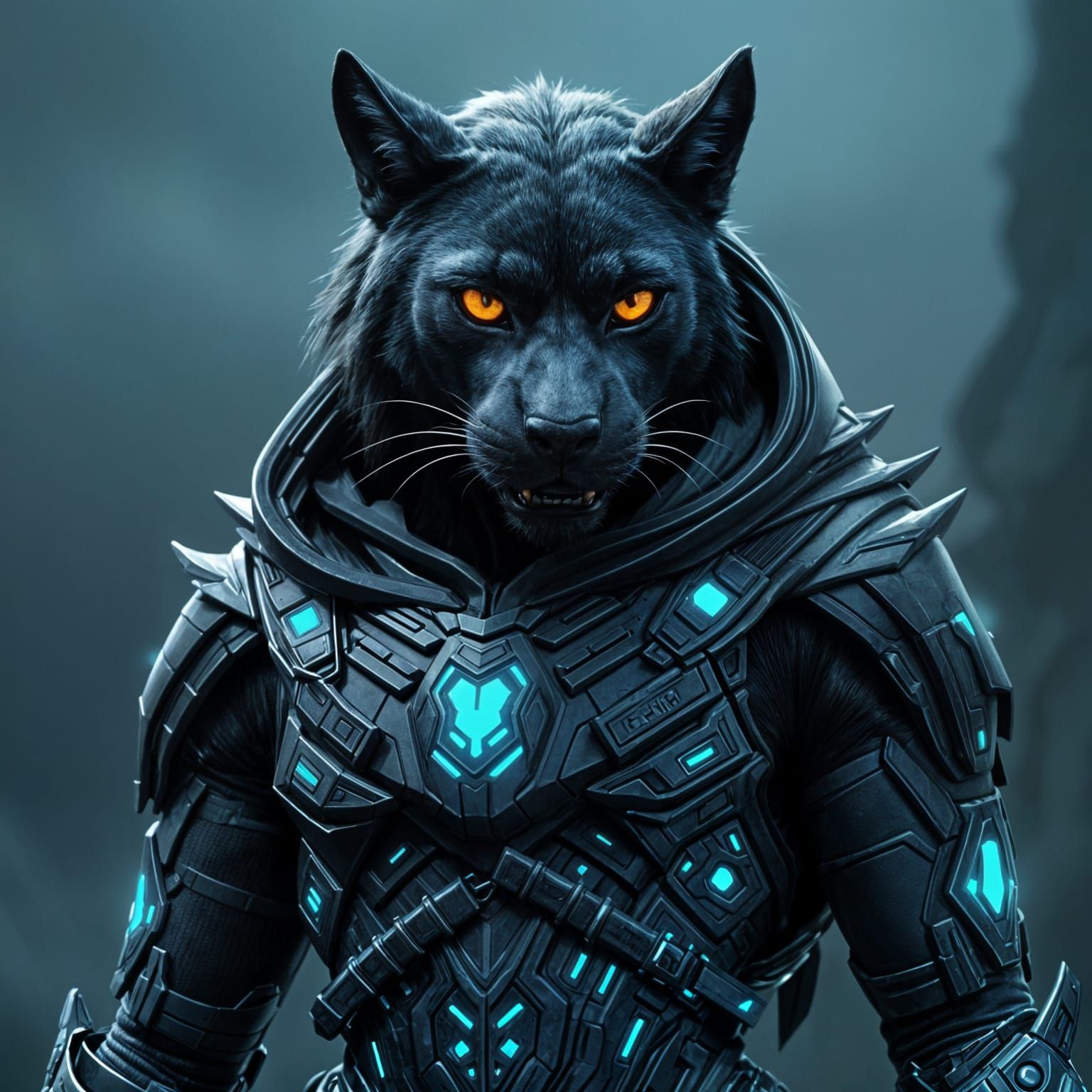 a humanoid panther werewolf in futuristic armor.