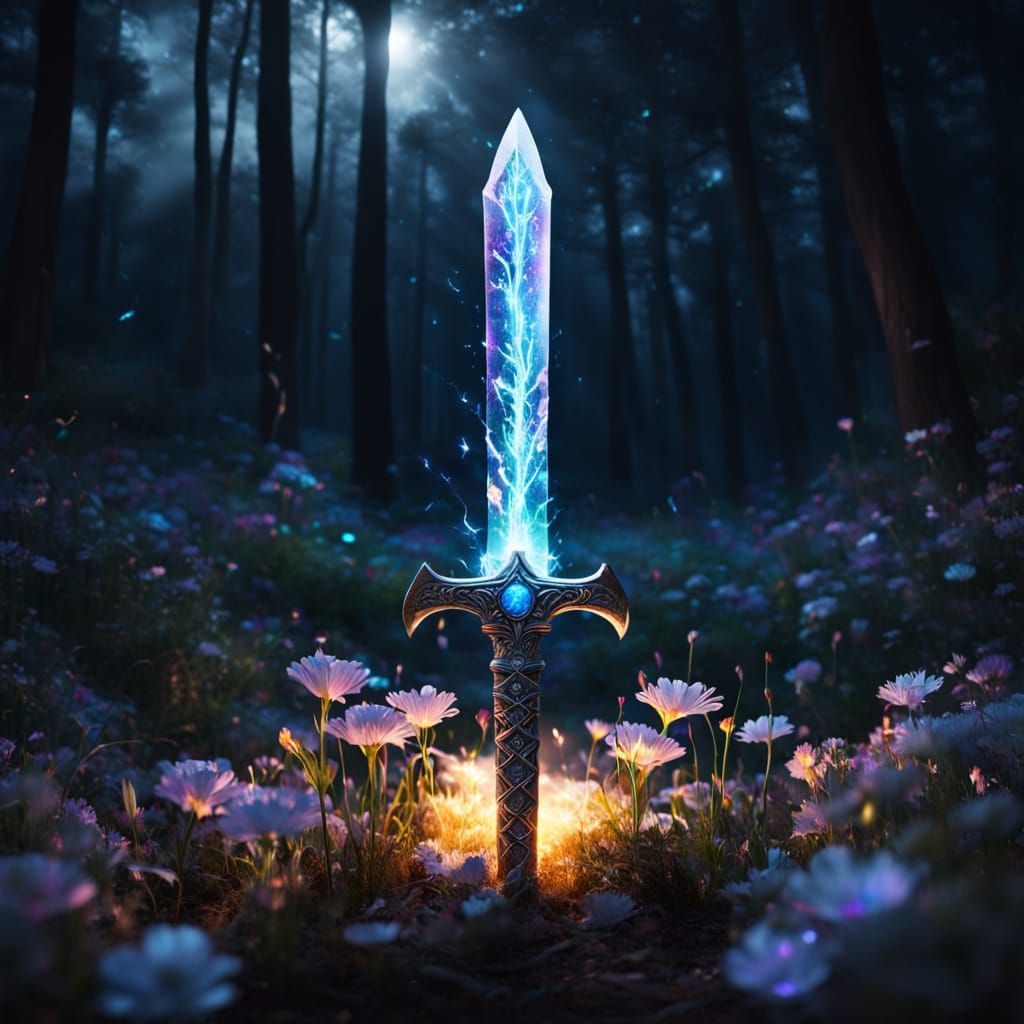 Ethereal Sword Illuminates Dark Forest Glade - AI Art
