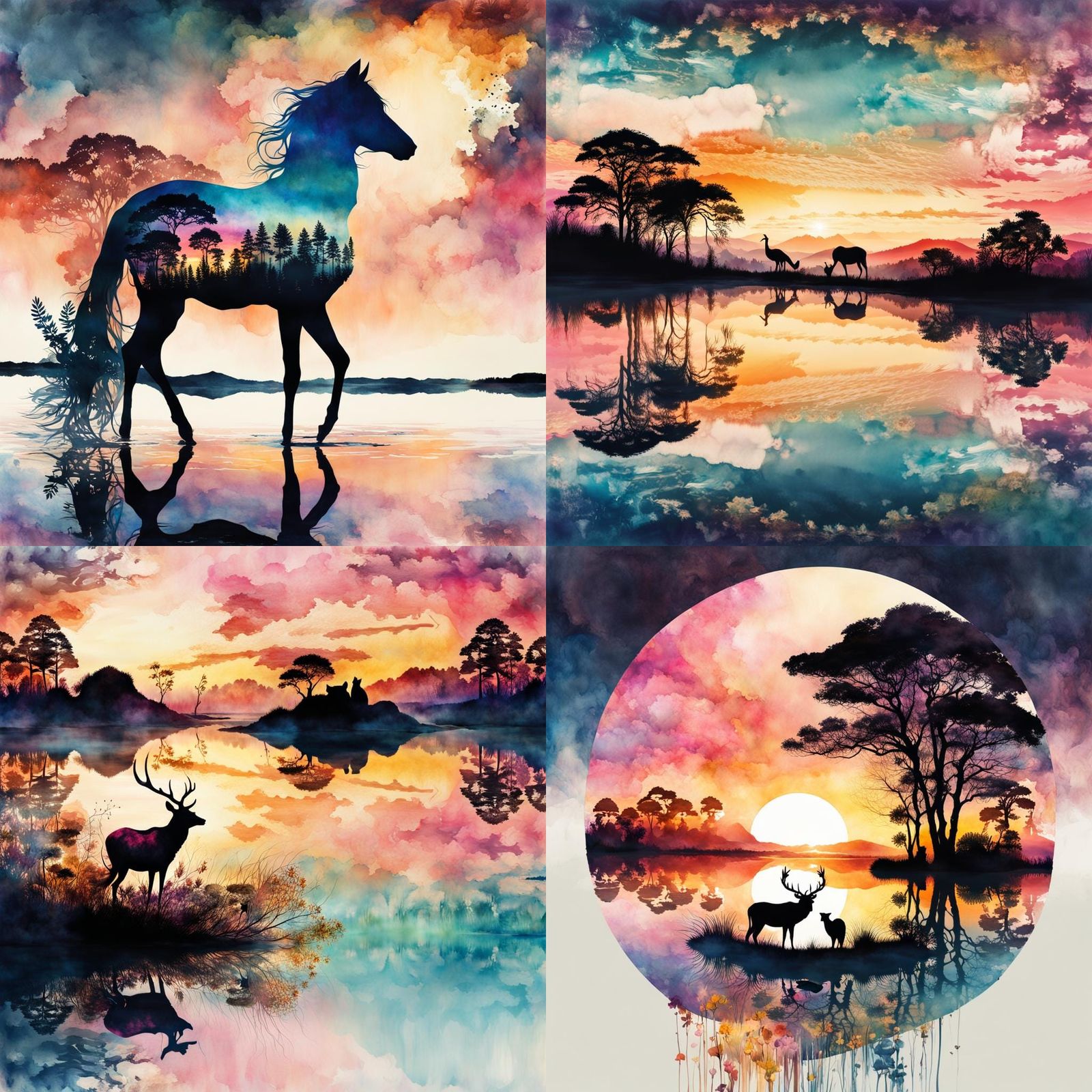 Double exposure animal silouette reflected Digital watercolor ...