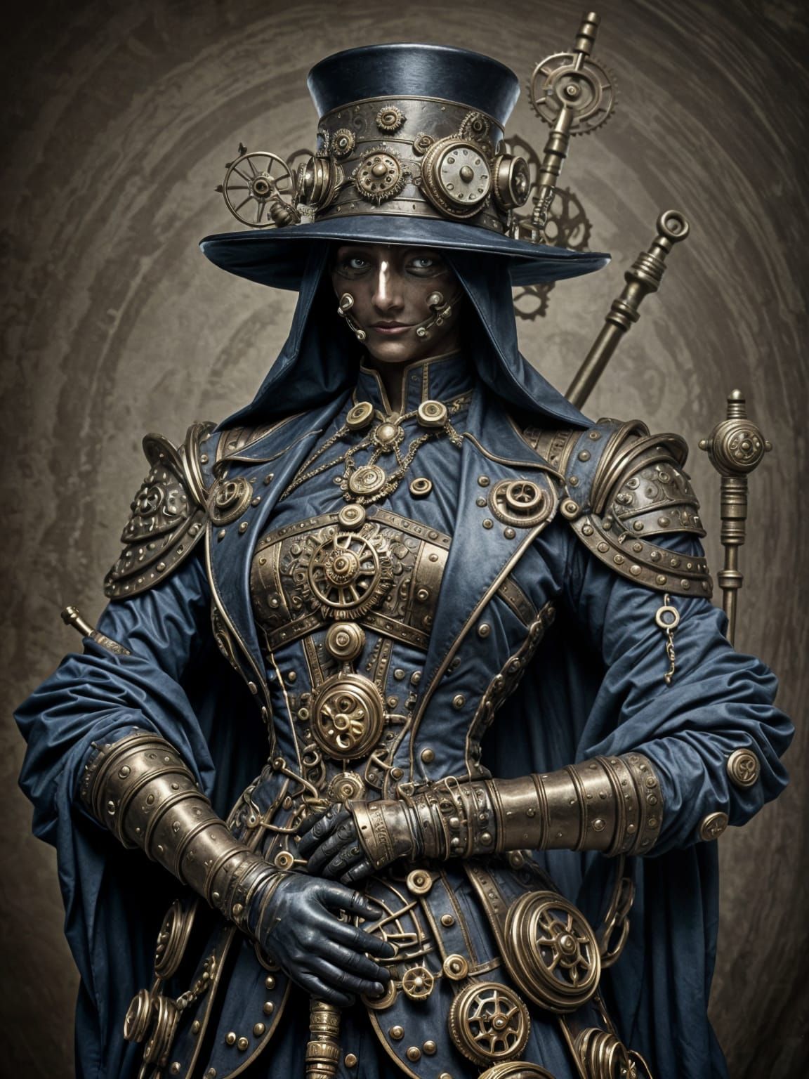 A steampunk-inspired female character wearing an intricate, metallic ...