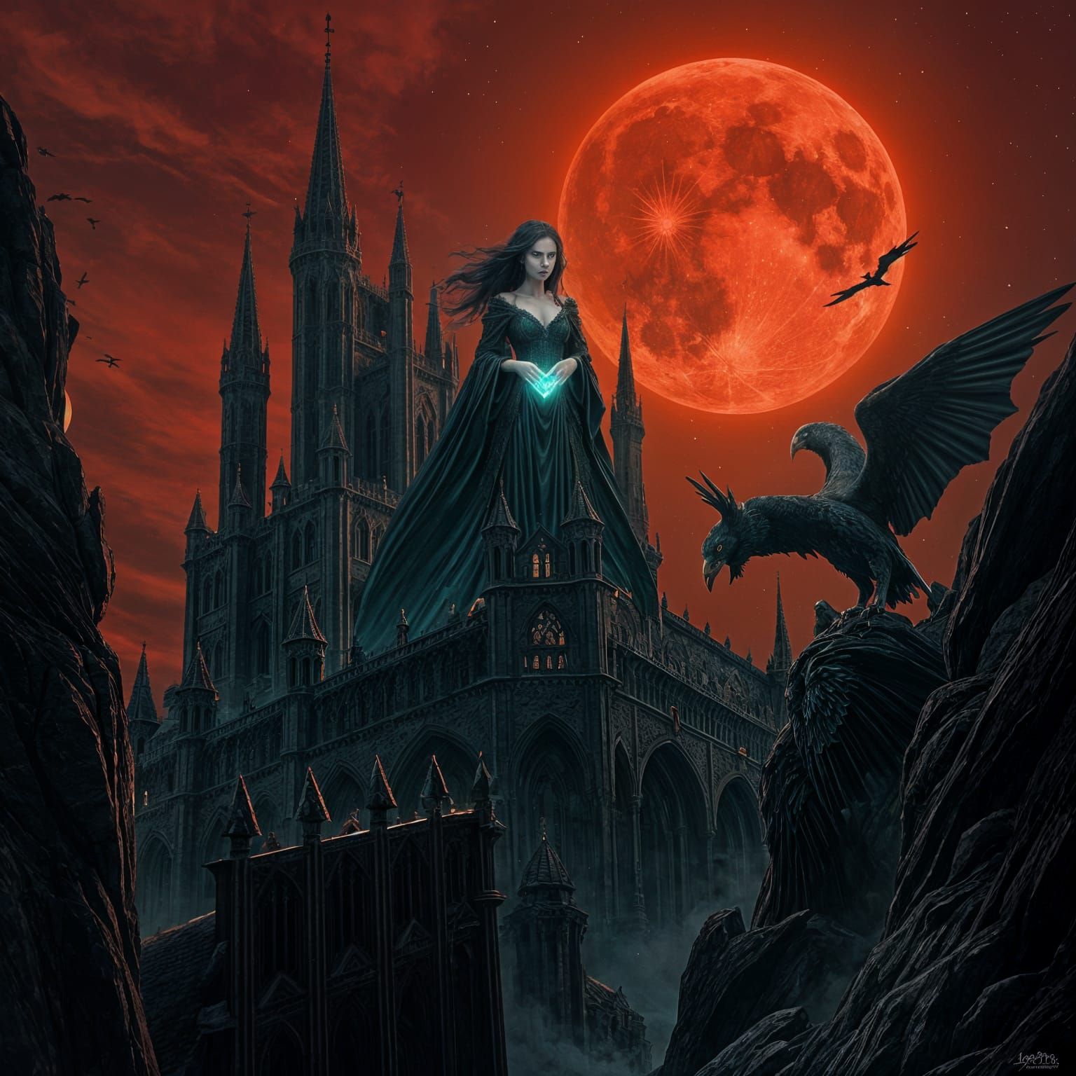A breathtaking Gothic scene unfolds under a crimson-tinted lunar eclipse.
