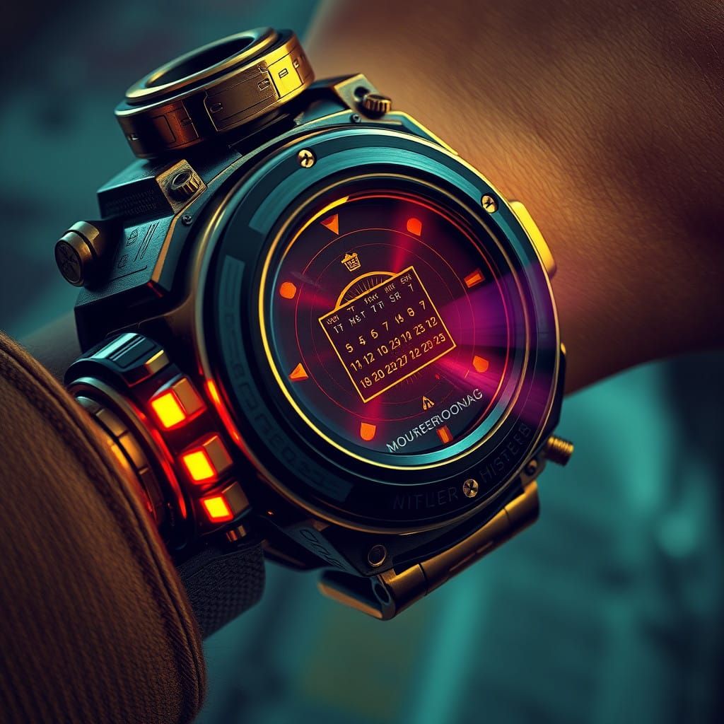 A close-up of a clunky yet elegant wrist communicator featuring brass ...