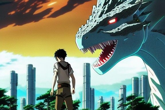 Attack on Godzilla Studio Ghibli, Anime Key Visual, by Makoto Shinkai ...