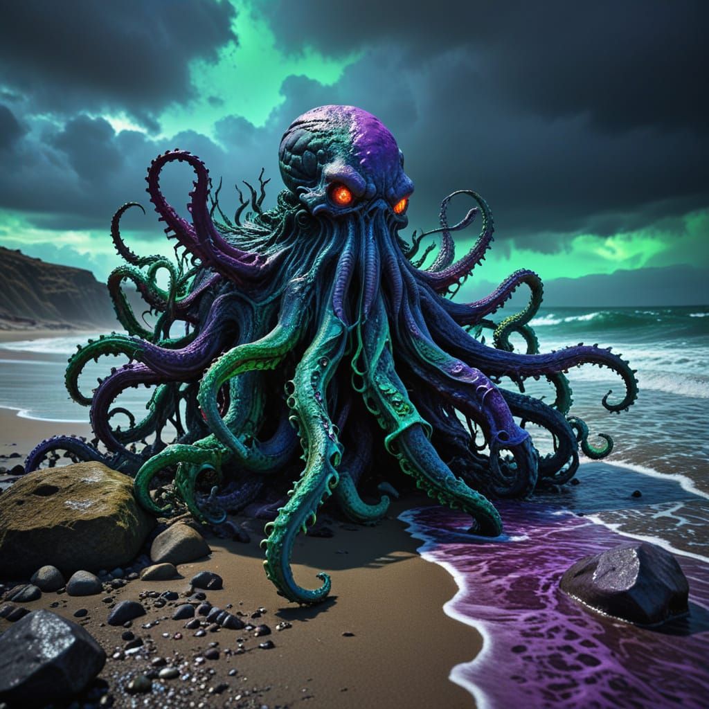 Cthulhu Emerges from Radiant, Mist-Shrouded Beach ... - AI Art