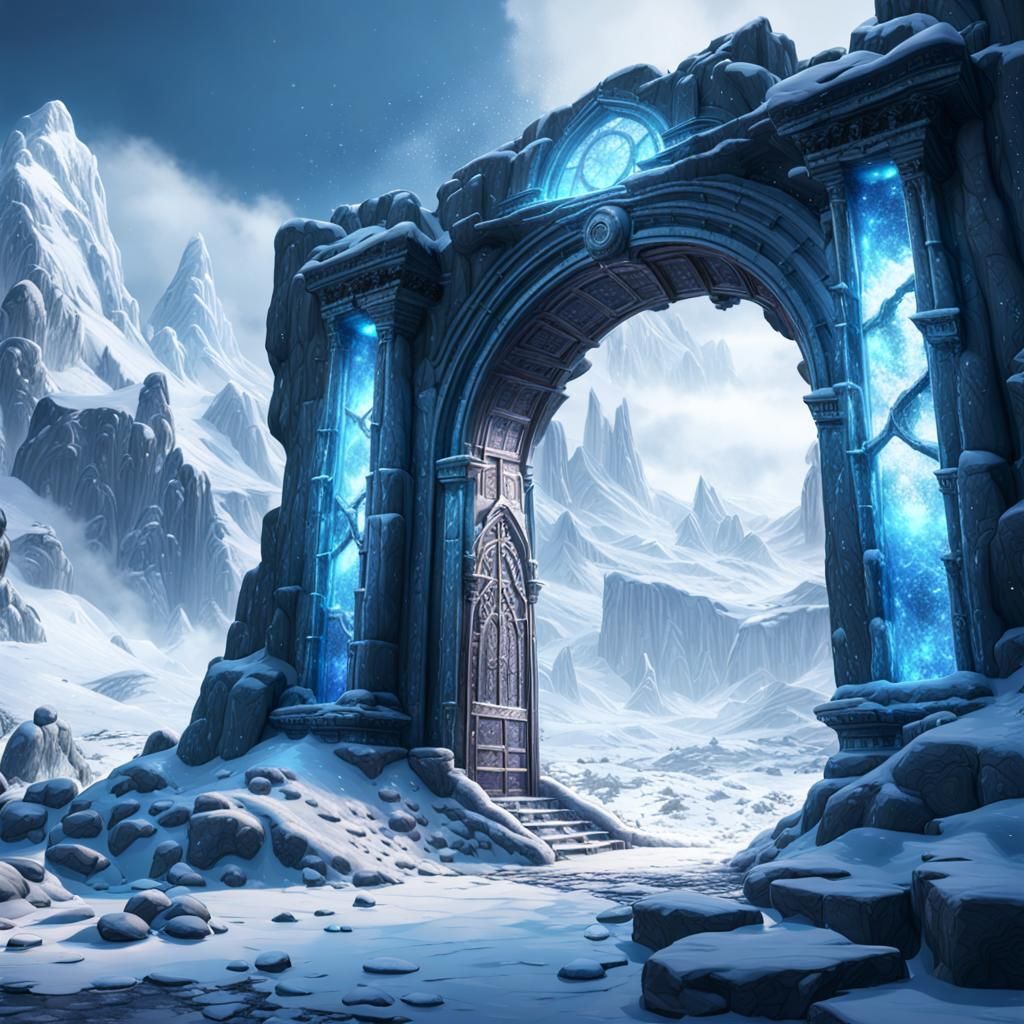Ominous portal made of ice and snow detailed matte painting, deep color ...