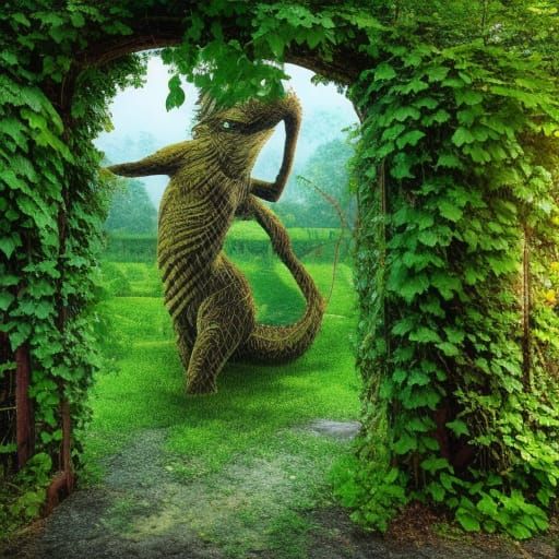 A hidden city with mythical creatures, covered in vines - AI Generated ...