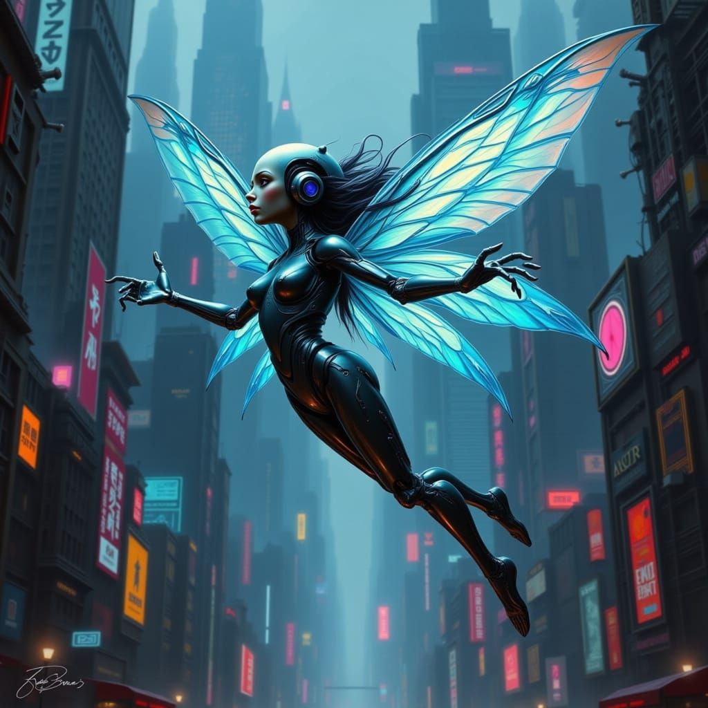 Cyborg Fairy in Dystopian Flight - AI Art
