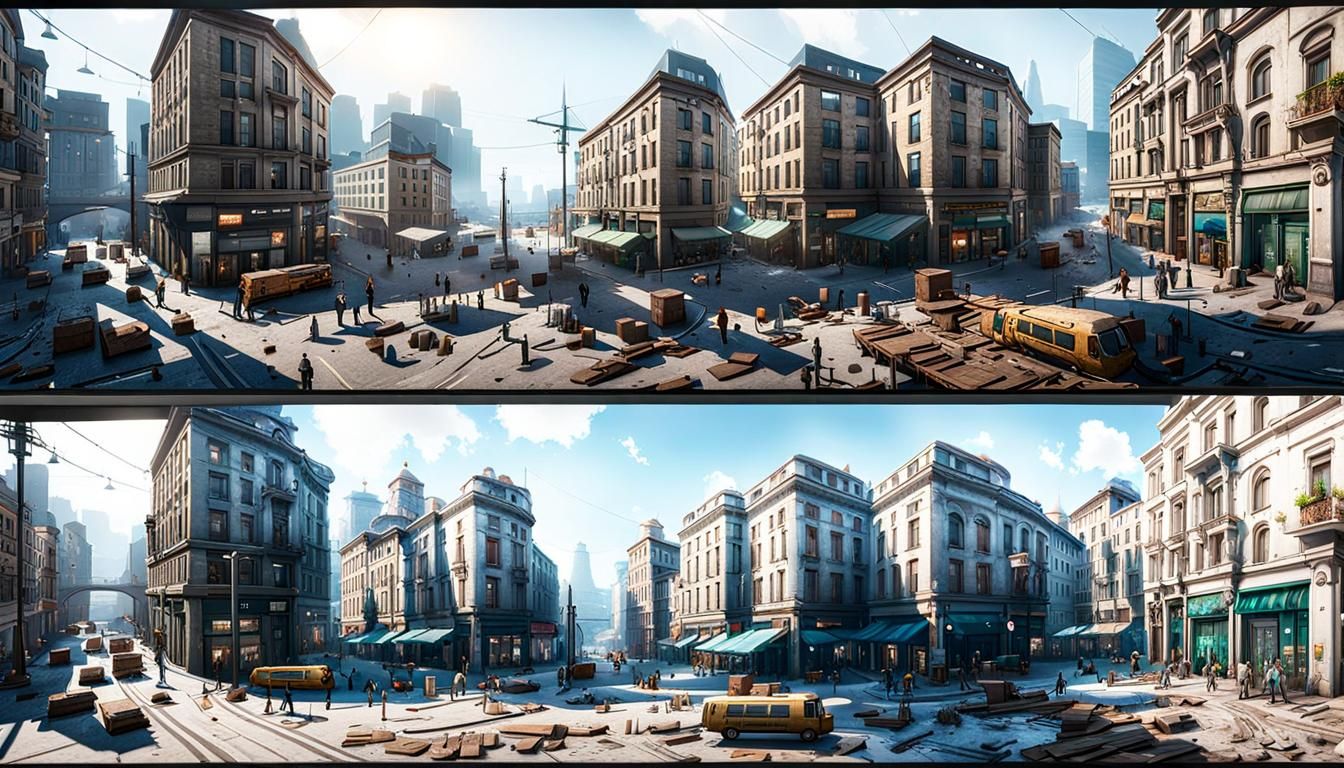 a split screen showing a busy city scene on the let side and the same ...