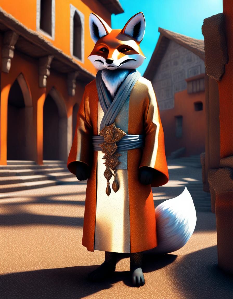 A fox Shilon Monk, in metallic glittering acrylic , surrealism ...