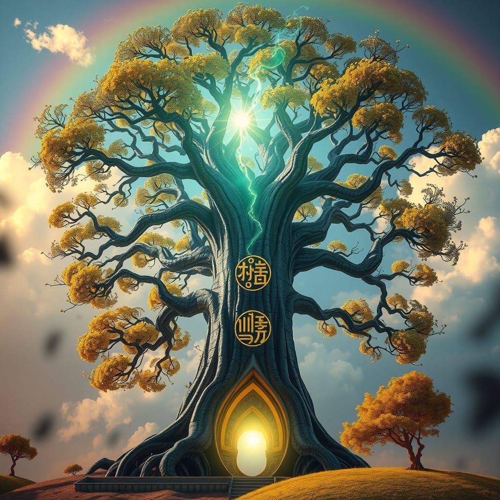 A Colossal Tree Pierces the Rainbow Clouds with El... - AI Art