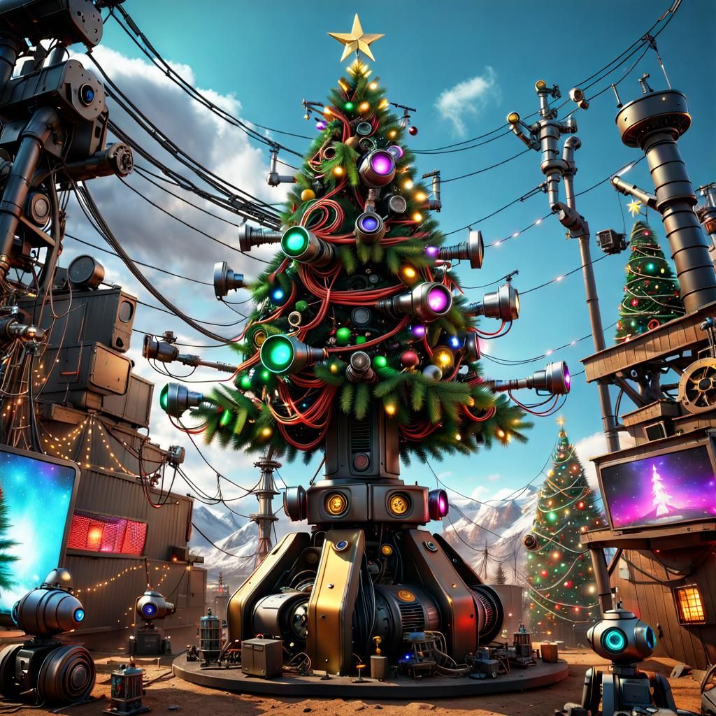 Christmas tree made of robot parts, mechanical cables, iphones ...