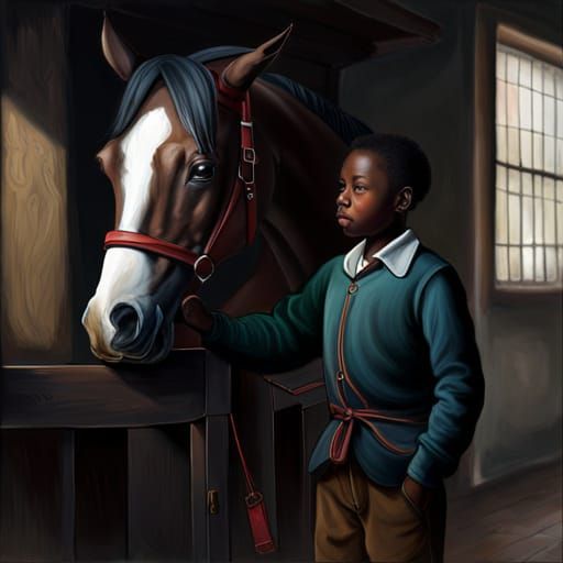 african-american stable boy with horse, inside stable, in the style of ...