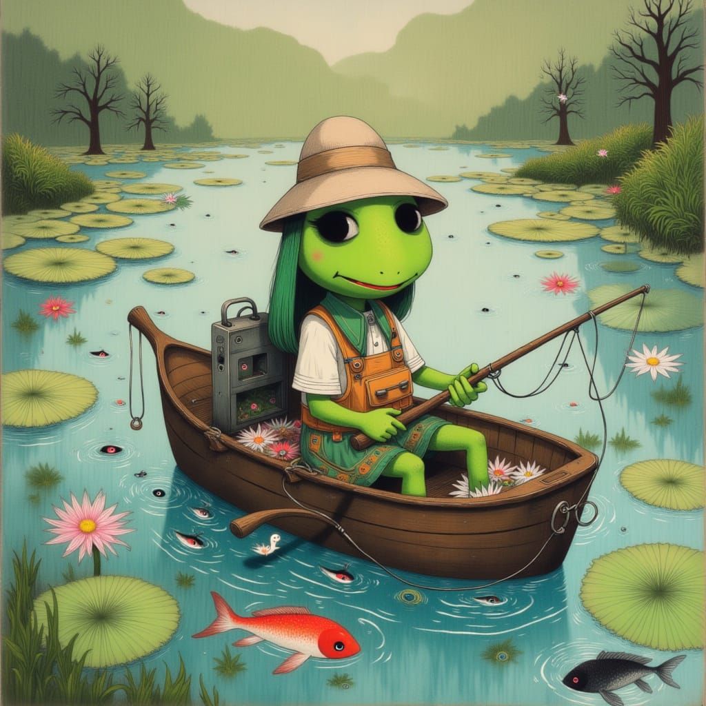 Kermit Fishing in Pond, Kidcore Watercolor - AI Art
