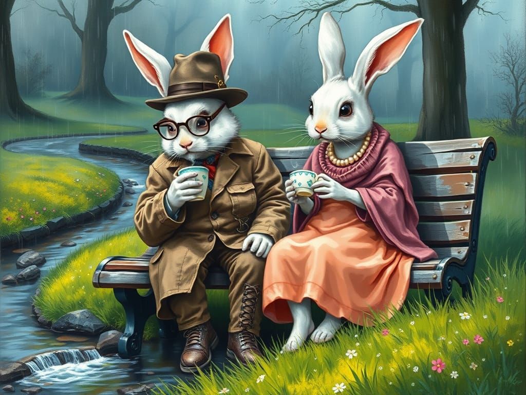 an old white rabbit couple with grey patches on their fur is sitting ...