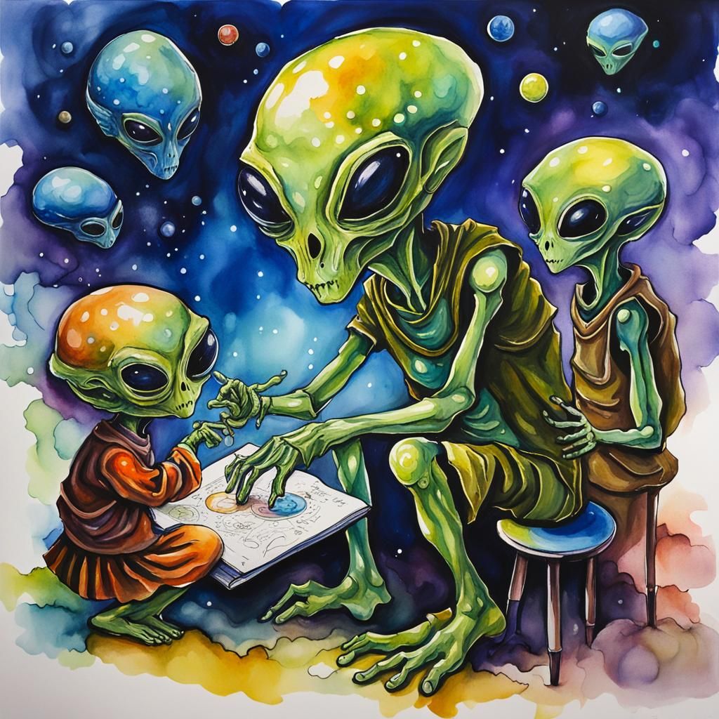 alcohol inks, an alien teaching a class of human children - AI ...