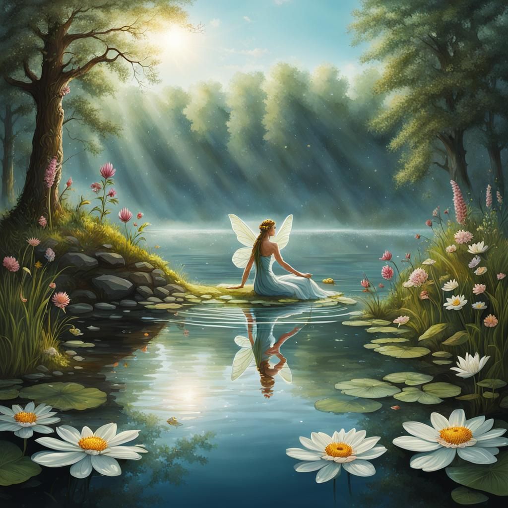 A fairy with a flower is bathing in a lake. A scene from Slavic ...
