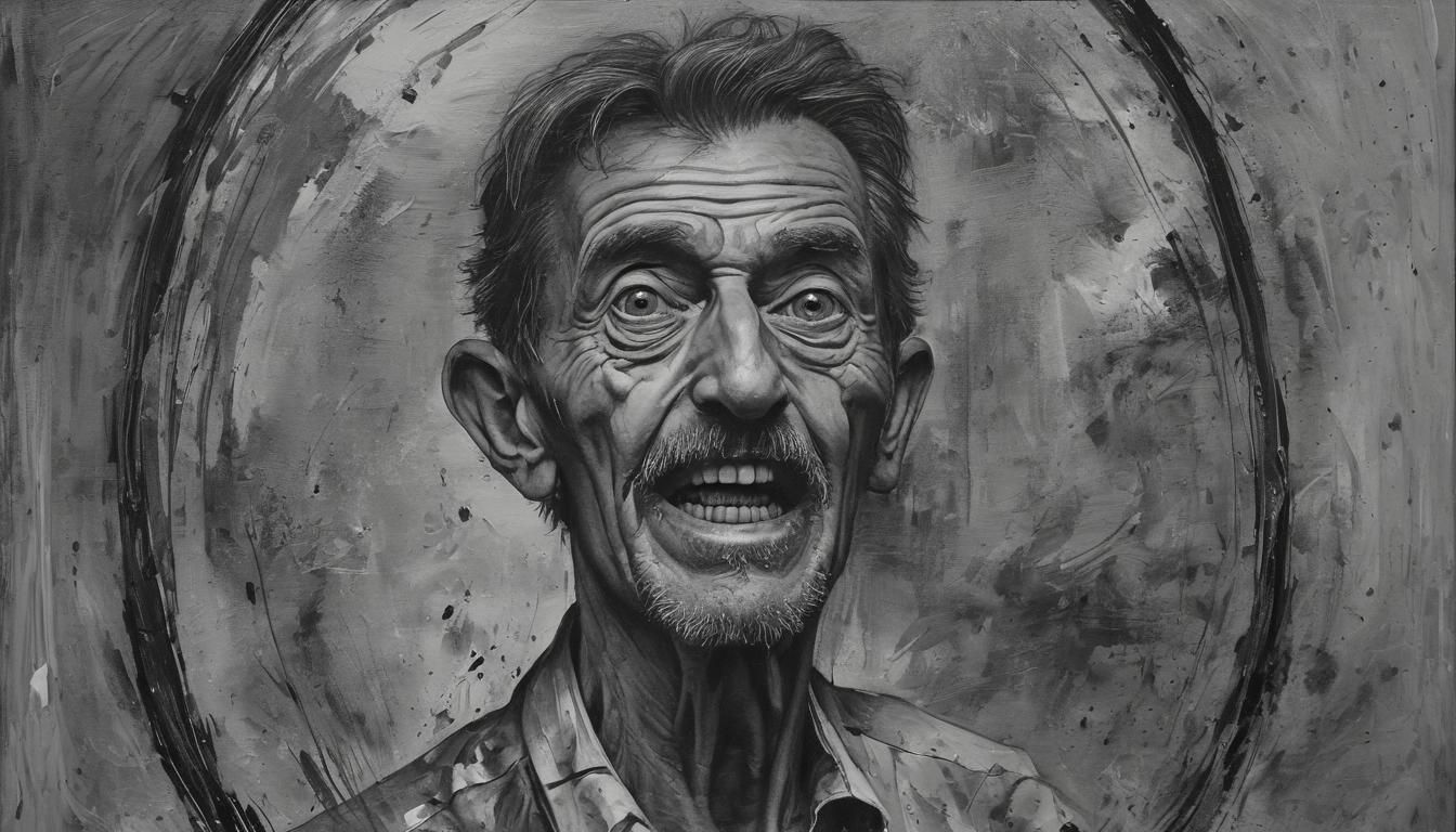 a crazy old artist get lost in his art, frame this in a noir nankin ...