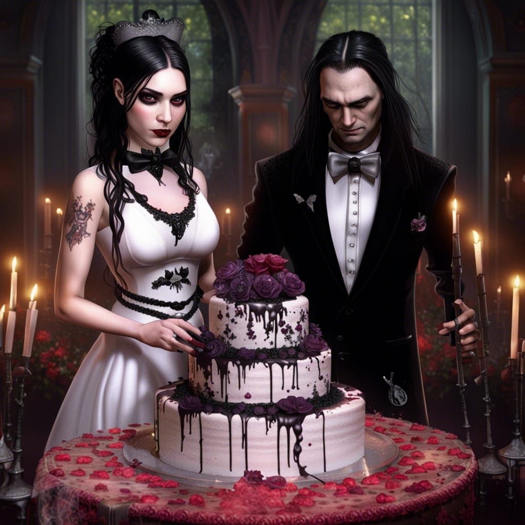 Goth bride and goth groom cutting the beautiful goth wedding cake at a ...