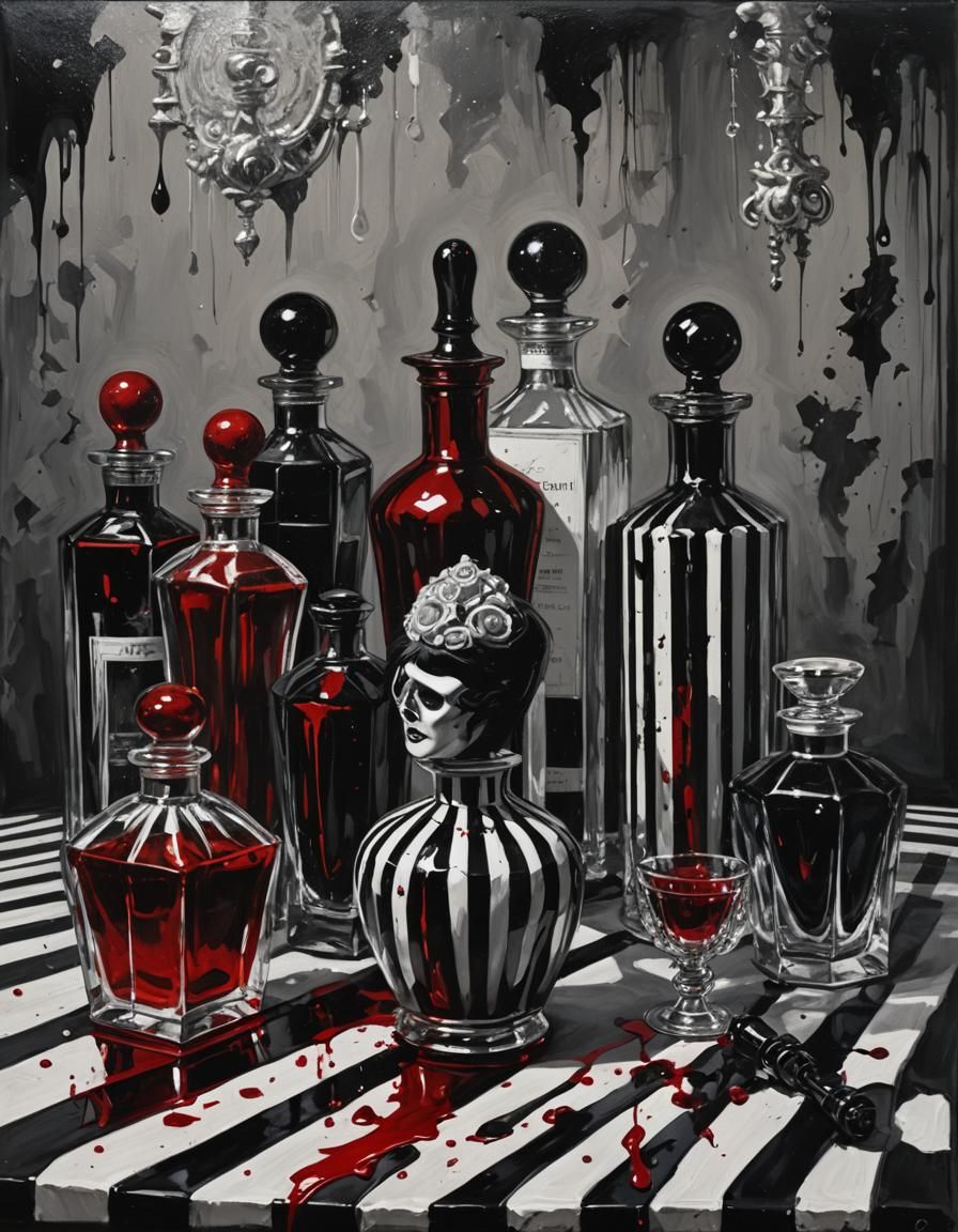 black and white stripes glamorous dark red vampiric bottles of blood ...