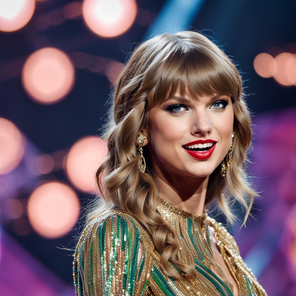 a close-up of Taylor Swift's smiling face singing on tour in Brazil ...